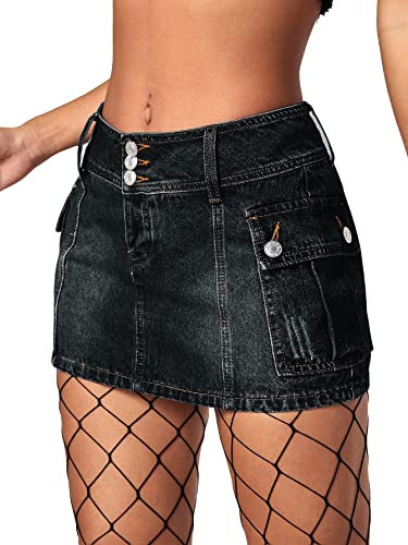 Floerns Women's Casual Low Waist Straight Cargo Mini Denim Skirt Black Ink M