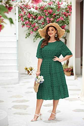 IN'VOLAND Womens Chiffon Elegant Plus Size Dresses Swiss Dot Babydoll Short Sleeve Party Midi Dress Dark Green