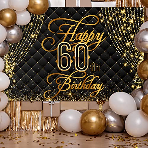 Happy 60th Birthday Banner Backdrop Royal Curtain Decorations Black Gold Background 60 Years Old Bday for Women Men Photography Party Decor Supplies