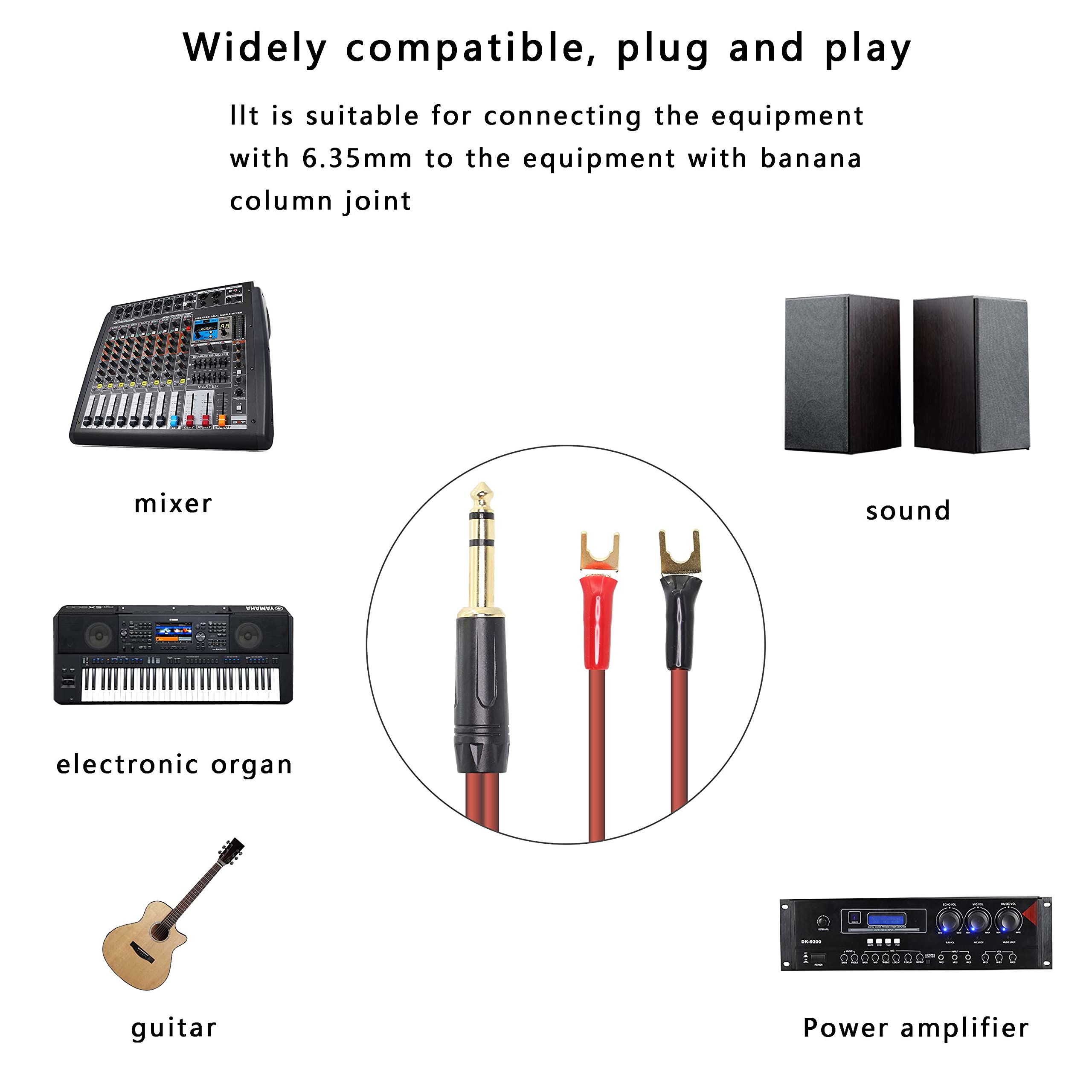 XMSJSIY 6.35mm 1/4 TRS to Y Spade Plug Speaker Cable,6.35mm Male Mono to U Fork Spade Plug Audio Cable OFC HiFi Speaker Wire(2 Y Plug) for DJ Application Subwoofer Guitars Headphone Jack Mixer -2m