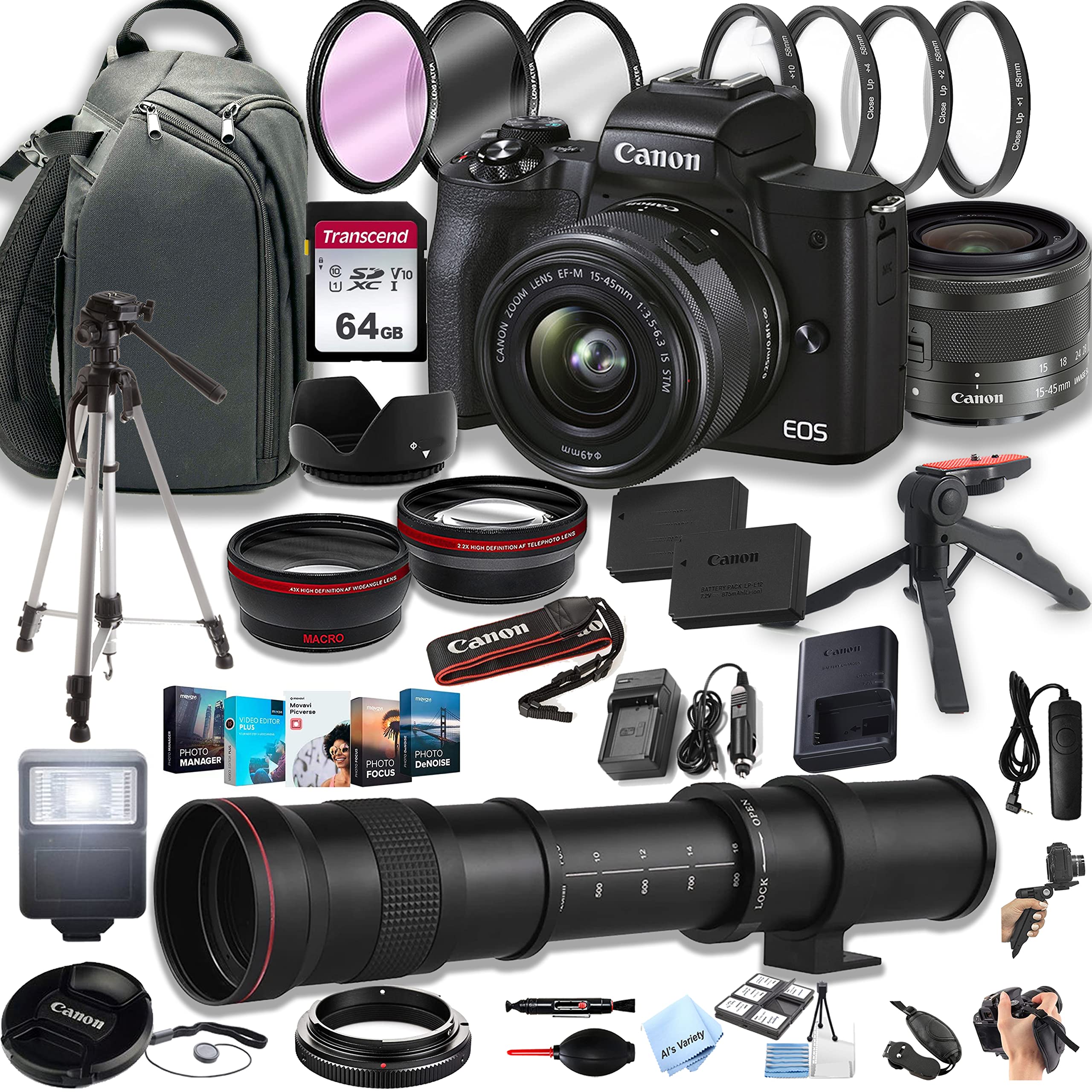 Canon EOS M50 Mark II Mirrorless Digital Camera with EF-M 15-45mm f/3.5-6.3 is STM Lens+ 420-800mm Super Telephoto Lens + 64GB Memory Card, Professional Photo Bundle (42pc Bundle)