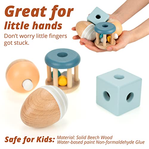 DUCKBOXX XX Wooden Toys Bundle (2 Pack) : Rainbow Stacker (Summer Color - 7pcs) & Rattles (4pcs)