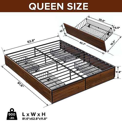 HAUSHECK Queen Size Bed Frame, Queen Platform Bed w/ 4 Large Storage Drawers on Wheels, Metal Bedframe No Box Spring Needed w/Strong Metal Slat Support Mattress Foundation for Kids, Teen & Adults