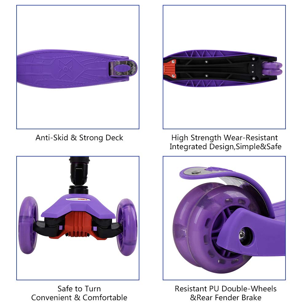 ChromeWheels Scooters for Kids, Deluxe Kick Scooter Foldable 4 Adjustable Height 132lbs Weight Limit 3 Wheel, Lean to Steer LED Light Up Wheels, Best Gifts for Girls Boys Age 3-12 Year Old, Purple