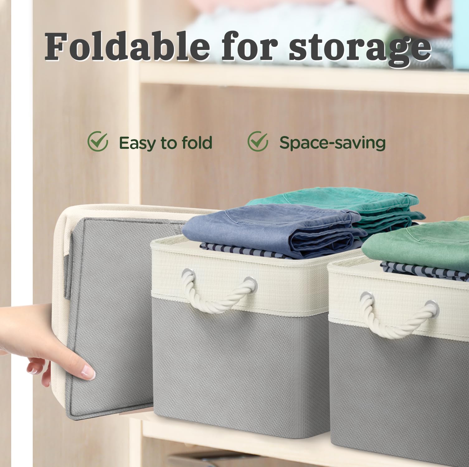 KITCSTI Fabric Storage Baskets for Shelves | Closet Storage Bins | Linen Cloth Baskets with Handle for Organizing