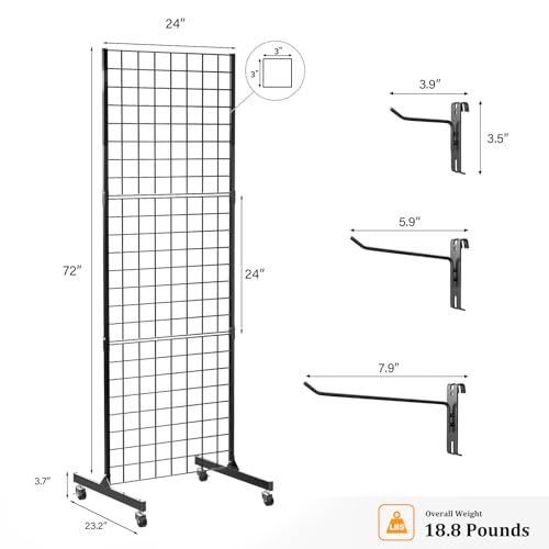 Bonnlo 2' x 6' Detachable Girdwall for Easy Transport, Standing Grid Tower, Thicker 5mm Wire, 180 LBS Weight Capacity Grid Panel with Legs and Extra Hooks, Display Rack for Retail and Craft Fair (1)