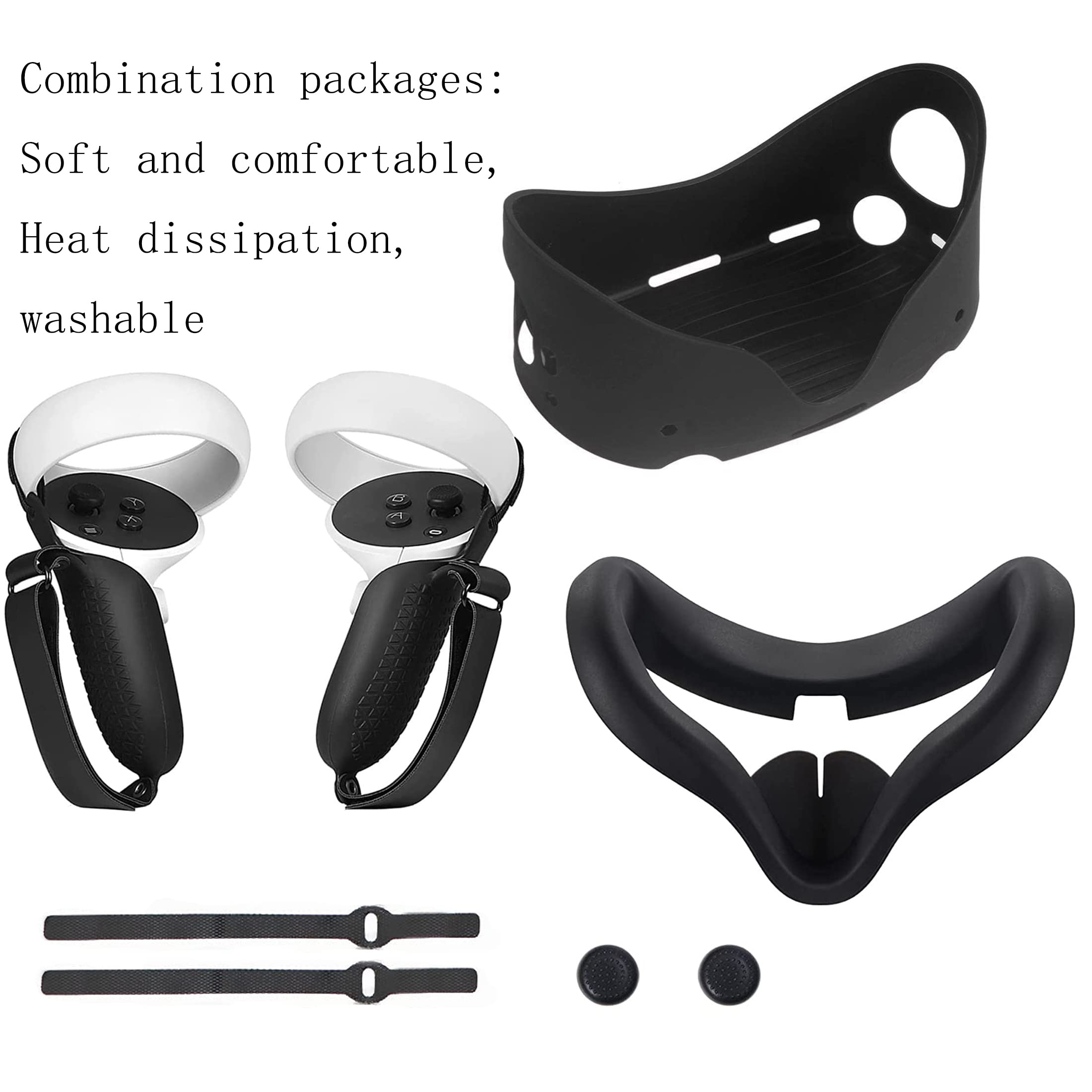 VR Front Face Silicone Protective Shell, Silicone Interfacial Cover, Touch Controller Grips Strap Cover Combination kit 3-in-1 for Meta/Oculus Quest 2 Accessories (Black)