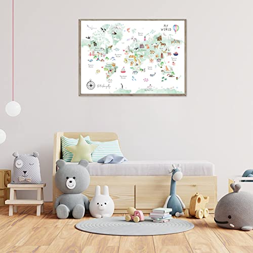 Joocrise Green Kids World Map Wall Art Animal Map Canvas Wall Art Educational Wall Art Nursery Wall Decor World Map Poster Childrens Room Decor Playroom Prints 16x24 Inch Unframed