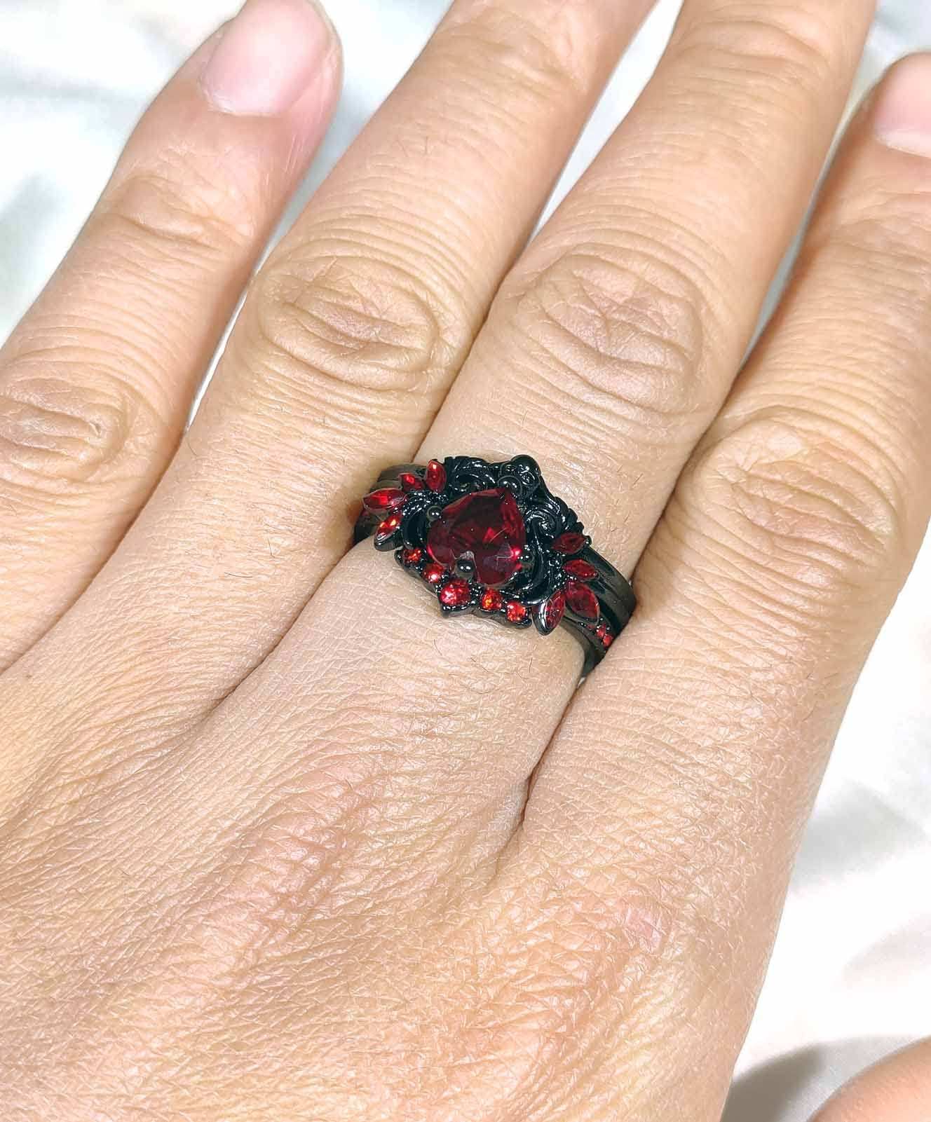 Couple Rings Matching Rings Black Wings Skull Ring 1.5ct Red CZ Womens Wedding Ring Sets Punk Ring