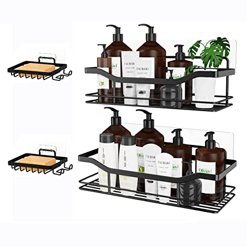 KJMWT Shower Caddy,4 Pack Shower Organizer with No Drilling Wall Mounted,Rustproof Shower Shelves with 4 Hooks,Shower Shelf for Bathroom and Kitchen,Matte Black