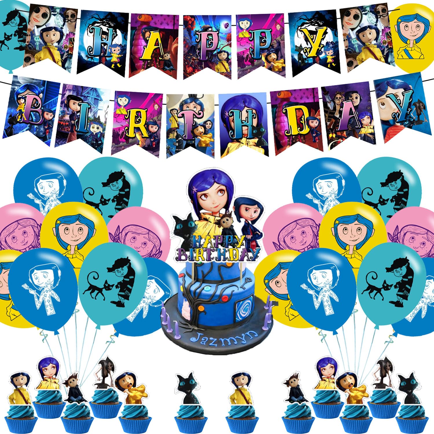 Caroline Theme Birthday Party Decorations,Caroline Party Supply Set for Kids with 1 Happy Birthday Banner , 12 Cupcake Toppers,20 Balloons for Party Decorations