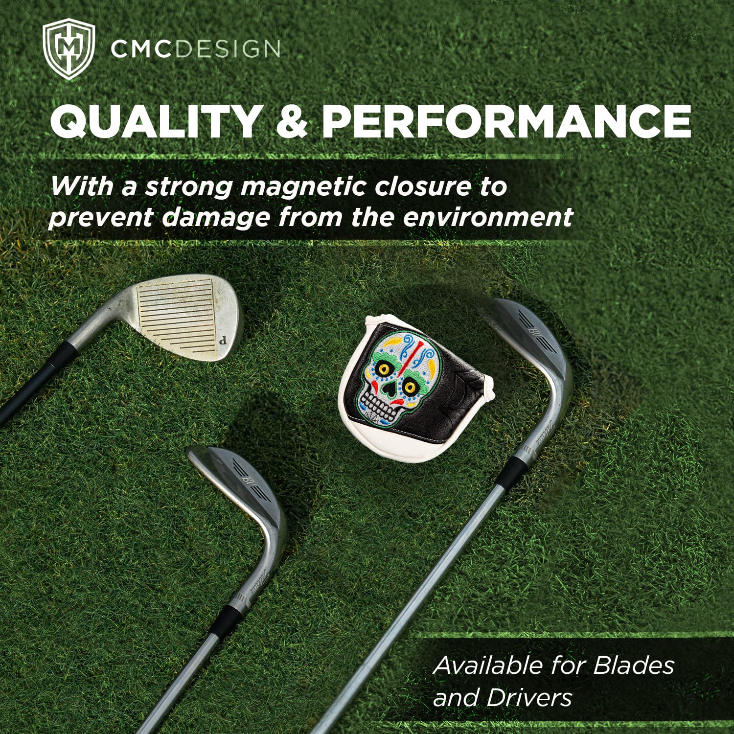 CMC Design Golf Mallet Head Cover - Custom Sugar Skull with Web Embroidered Golf Driver - Premium Faux Leather, Beautiful Design Elements & Soft Protective Lining – Great Fit for Any Mallet & Golfer