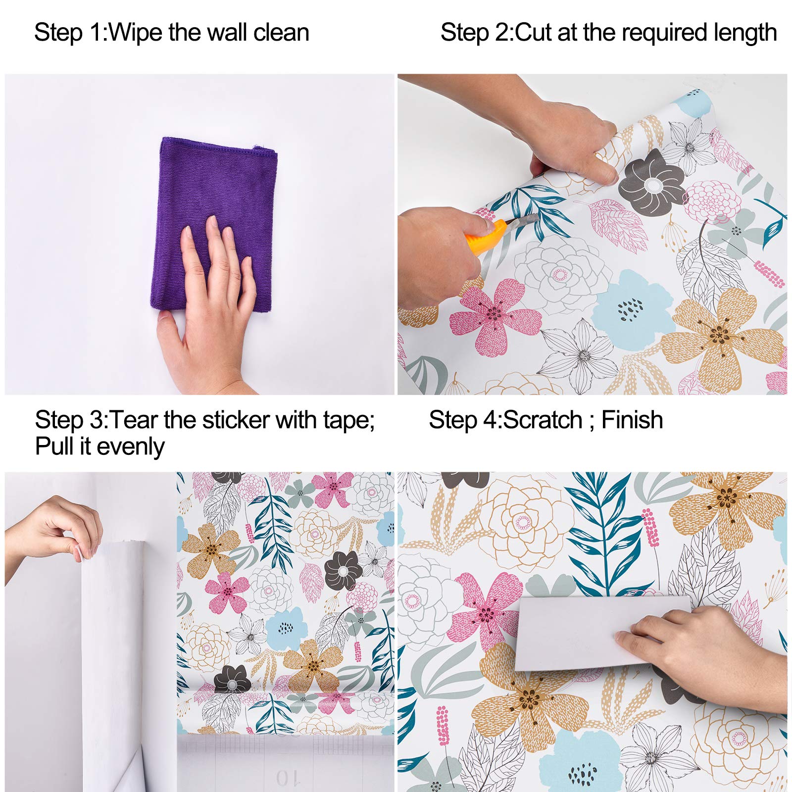 Mecpar Floral Wallpaper 17.71'' x 118'' Perennial Blooms Peel and Stick Vinyl Self Adhesive Removable Waterproof Wallpaper for Bathroom Cabinet Prepasted Decorative