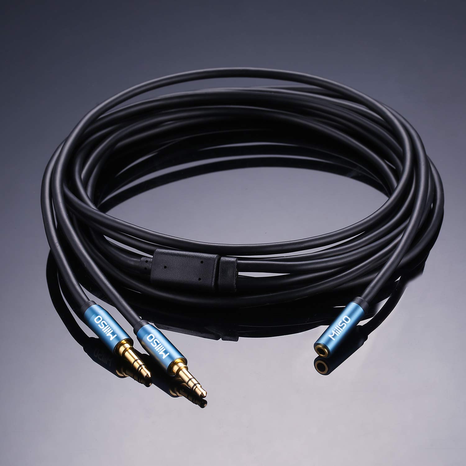 MillSO Audio Splitter, Female to 2 Male 3.5mm TRS Audio Splitter, 8 Feet SapphireBlue&Gold-Plated Stereo Jack Headphones Adapter Cable for Smartphone, Computer, Mp3, Earphone, Speakers
