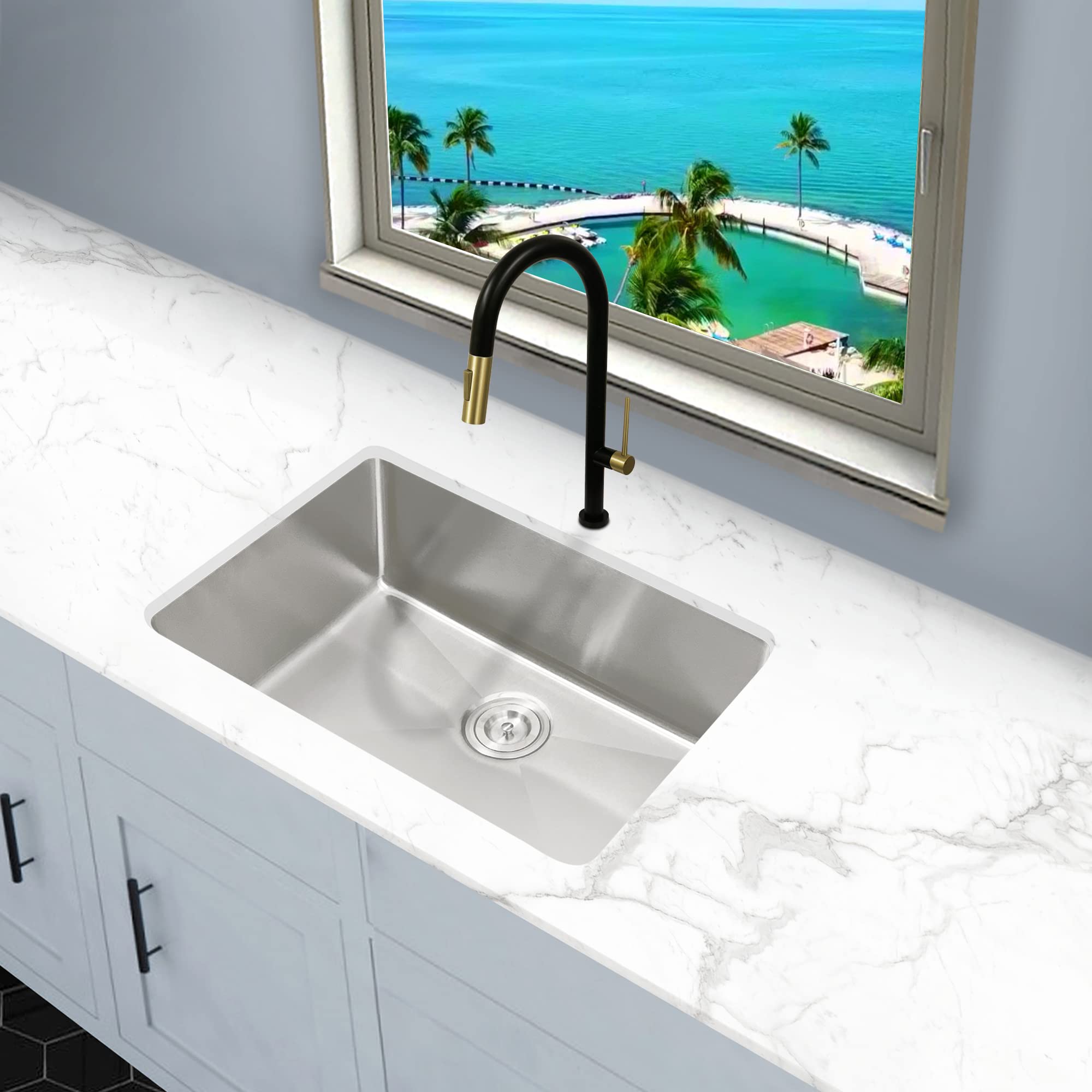 KABCO 18 Gauge 27 Inch Single Bowl Undermount Stainless Steel Kitchen Sink, Rust Resistant Sound and Heatproof Laser Cut Tight Radius SInk for Indoor or Outdoor Kitchens