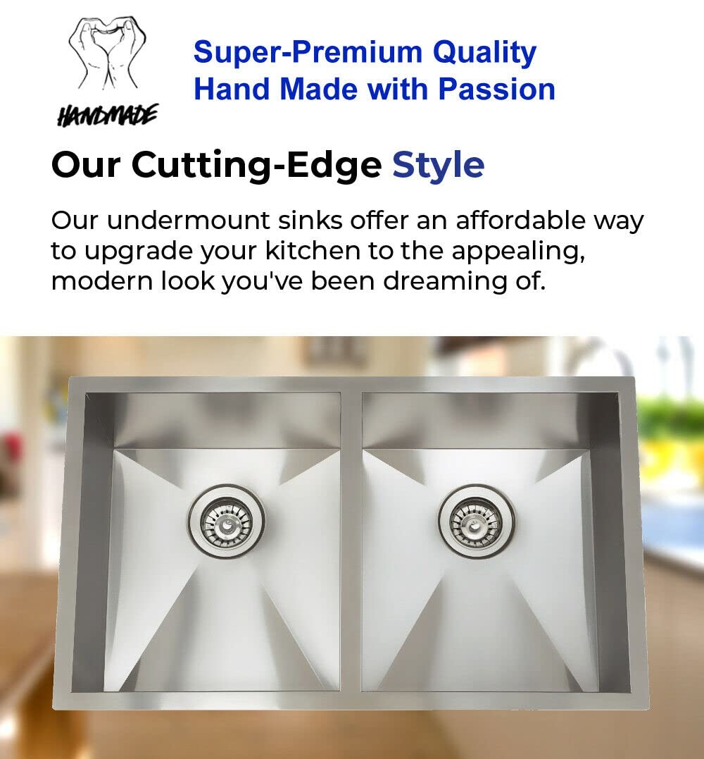 KABCO K-SSZRID3 32 Inch stainless steel Undermount kitchen sink 16 Guage 50/50 Zero Radius Double Bowl kitchen sink 32"L X 19"W X 10"D Inch