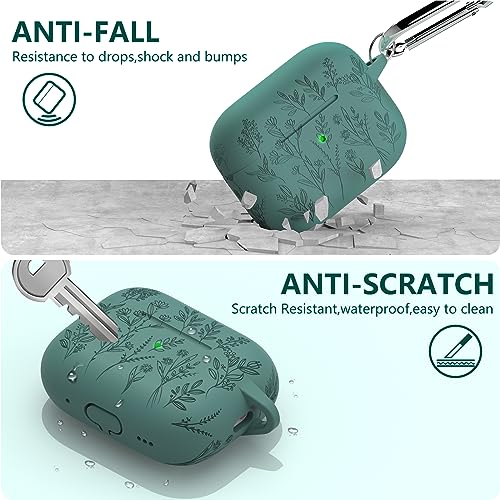 Flower Engraved Case for Apple AirPods Pro 2 Gen,Soft Silicone Protective Case Cover for AirPods Pro 2nd/1st Generation AirPod Case with Clean Kit Carabiner,Lanyard,Front LED Visible,Pine Green
