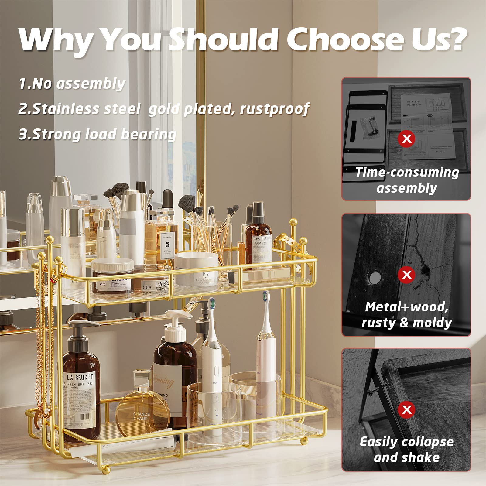WELLFAST Bathroom Organizer Countertop Perfume Organizer Skincare Organizers 2 Tier Bathroom Tray Stainless Steel Gold Shelf Acrylic Tray