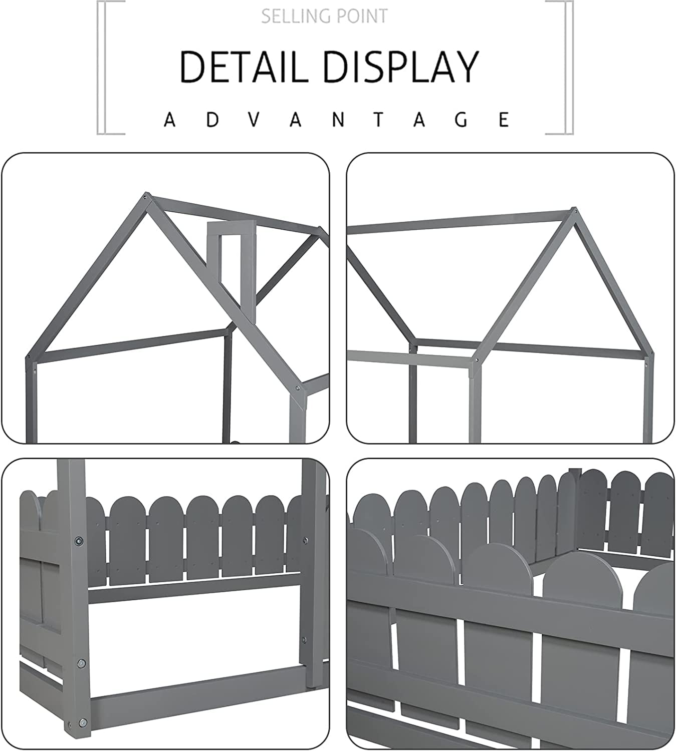 Harper & Bright Designs Twin House Bed Frame for Kids, Montessori Floor Bed Twin with Fence-Shaped Rails, Wood Twin Floor Bed Frames for Girls, Boys(Twin,Grey)