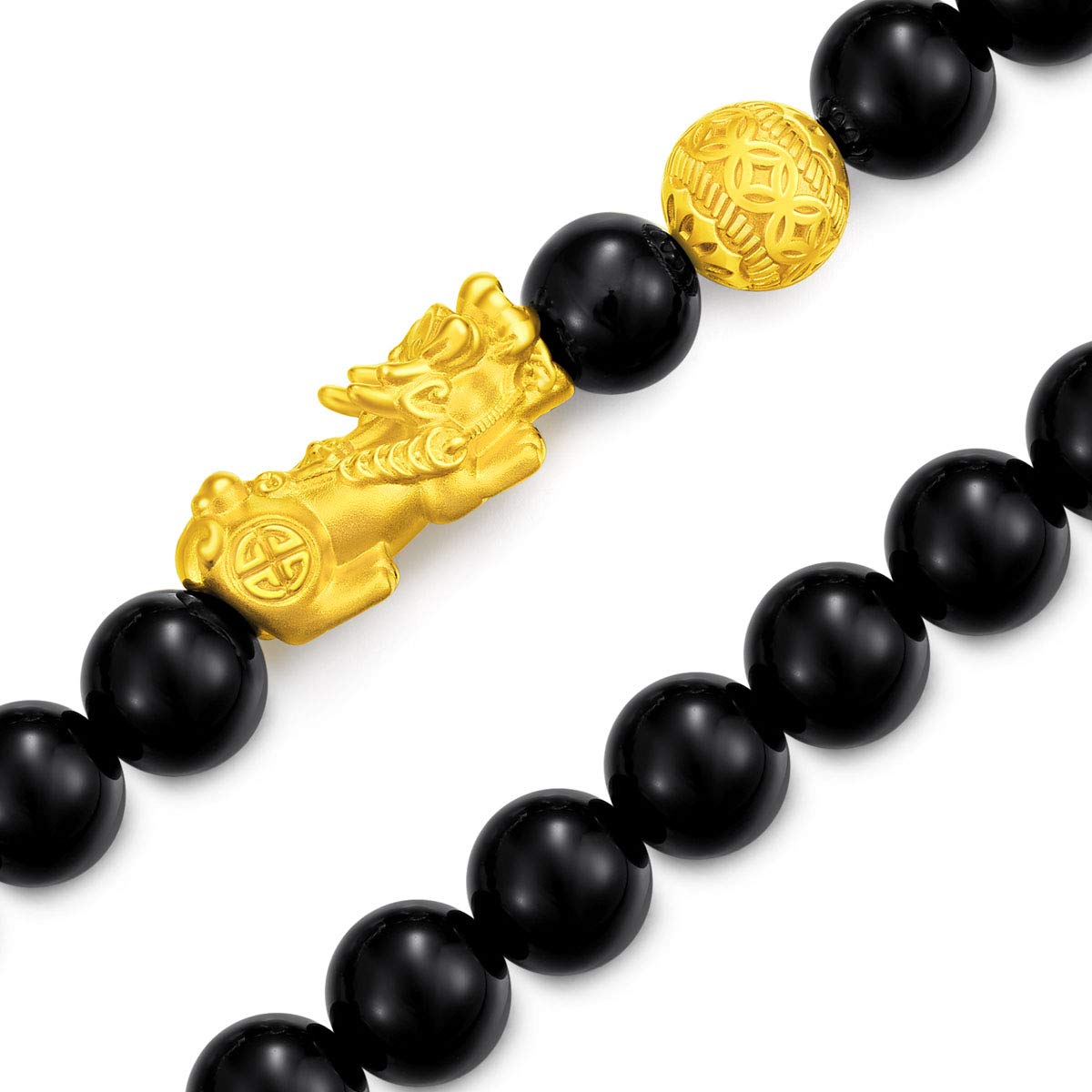 CHOW TAI FOOK 999 24K Gold Large Pixiu and Fortune Ball Charm Bracelet with Black Agate Marbles