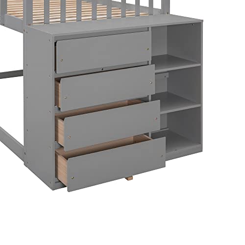 Harper & Bright Designs Twin Over Twin Bunk Bed with Storage, Wood Floor Bunk Beds with 4 Drawers & 3 Shelves, Low Bunk Bed, Twin Loft Bed for Kids, Girls Boys, Teens, Adults (Gray)