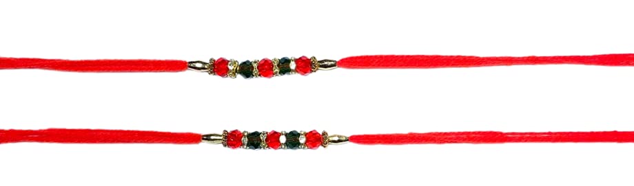 IndiaBigShop Rakhi for Bhaiya, 2 Ring Stone Brother Rakhee, Rakhi, Red-Green Crystal with Stone Rings Rakhi Thread- Set of 2