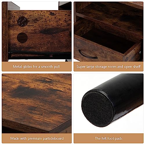 JAXPETY Nightstands Set of 2, Night Stand with Drawer and Open Storage Shelf, Bedside Tables with Solid Wood Legs, End Table, Side Table, for Bedroom, Retro Brown