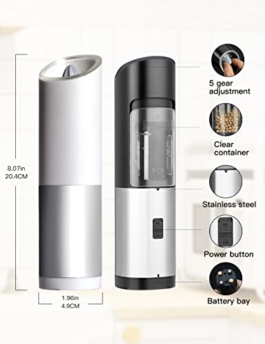PwZzk Battery Operated Gravity Electric Salt And Pepper Grinder Mill Set With White Light Stainless Steel One Hand Automatic Operation Refillable With Adjustable Coarseness (Black&white,2 Pack)