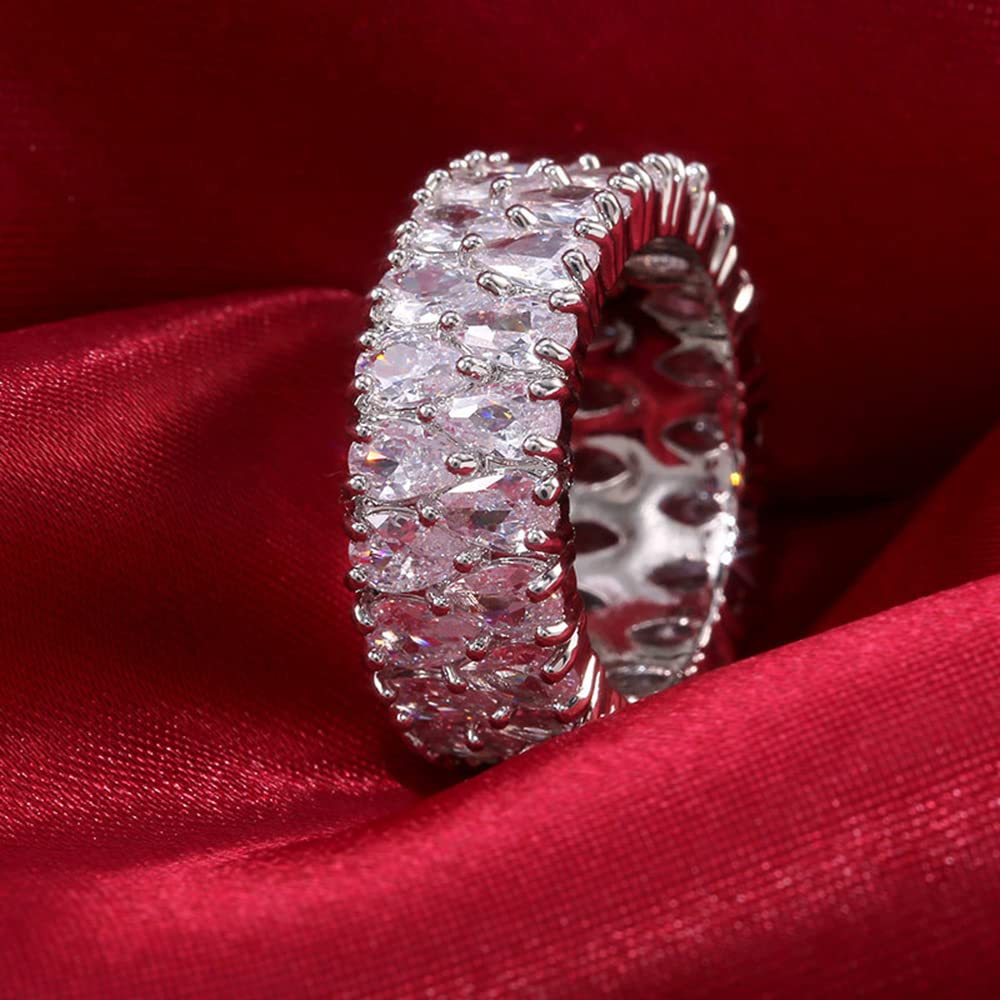 Cuteshop 925 Sterling Silver 9mm Full Shiny Perfect Pear Cut Double Row Teardrop Cubic Zirconia Crystal Diamond Wedding Ring Band for Women (6)