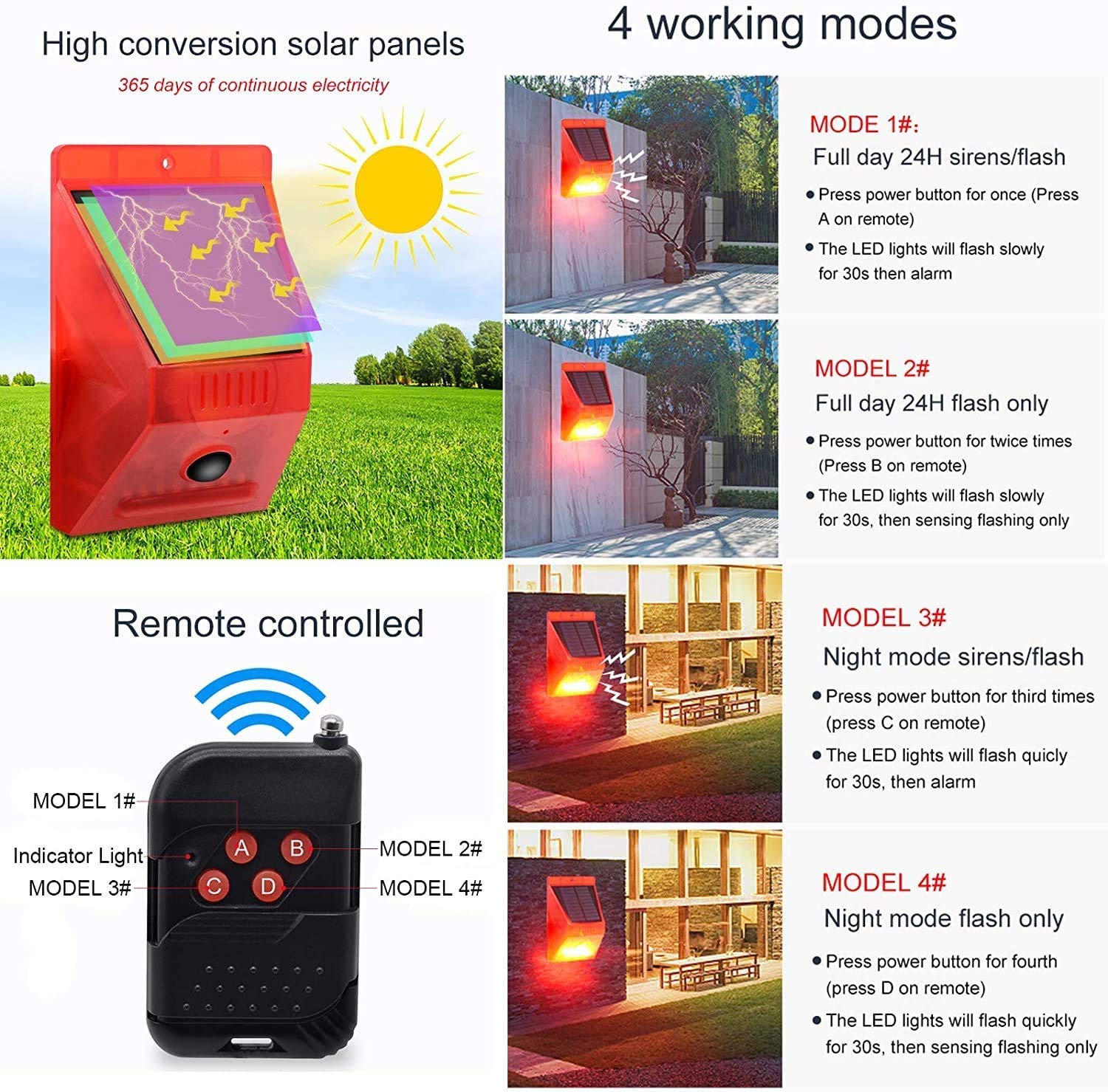 ChunHee Solar Alarm Strobe Light with Remote Control Motion Sensor Detector Outdoor Alarm 129db Sound Security Siren IP65 Waterproof Protected for Villa, Chicken coop, Farm, Yard, 2 Pack