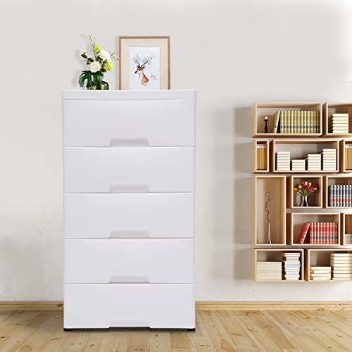 DNYSYSJ 5 Drawer Plastic Dresser Storage Cabinet, Stackable Storage Stand Tower, Closet Organizer Units for Home Office Bedroom and Hallway Entryway 17.72 * 11.81 * 33.07" (White)