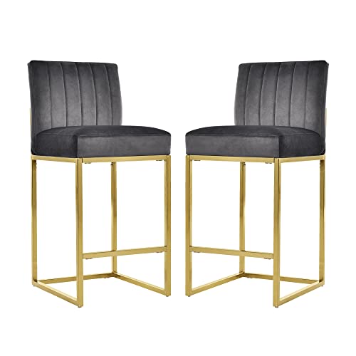 Harper & Bright Designs Dining Chair Set of 2, Modern Counter Height Bar Stools, Dining Chairs with Square Velvet Upholstered Seat and Backrest for Party, Dining Room (Set of 2/Square, Gray+Gold)