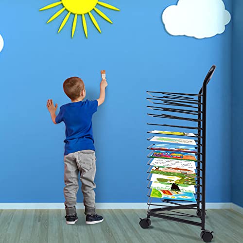 DNYSYSJ Art Drying Rack for Classroom, Paint Drying Rack Art 16 Shelves Metal Artwork Storage Display Rack with Wheels (Black)
