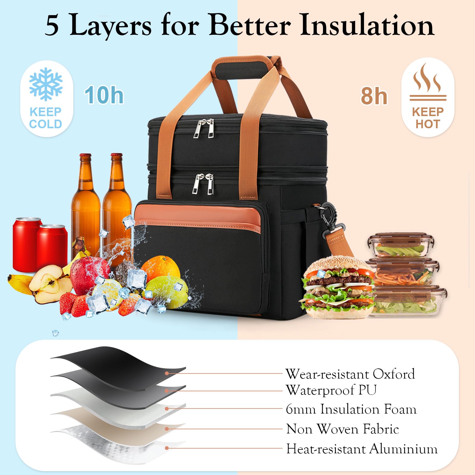 HSHPX Insulated Lunch Box Lunch Cooler Bag for Men: Expandable Large Lunchbox for Picnic Work Office Outdoor - Reusable Double Deck Lunch Tote for Adults Black Brown 15L