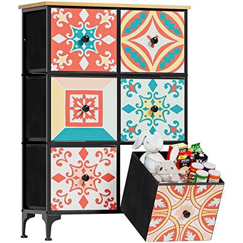 YILQQPER Dresser for Bedroom 6 Drawer Dressers & Chests of Drawers Tall Dresser Organizer Fabric Storage Tower for Closet and Nursery Kids and Adult, Fabric Bins, Wood Top, Boho Colorful Painted