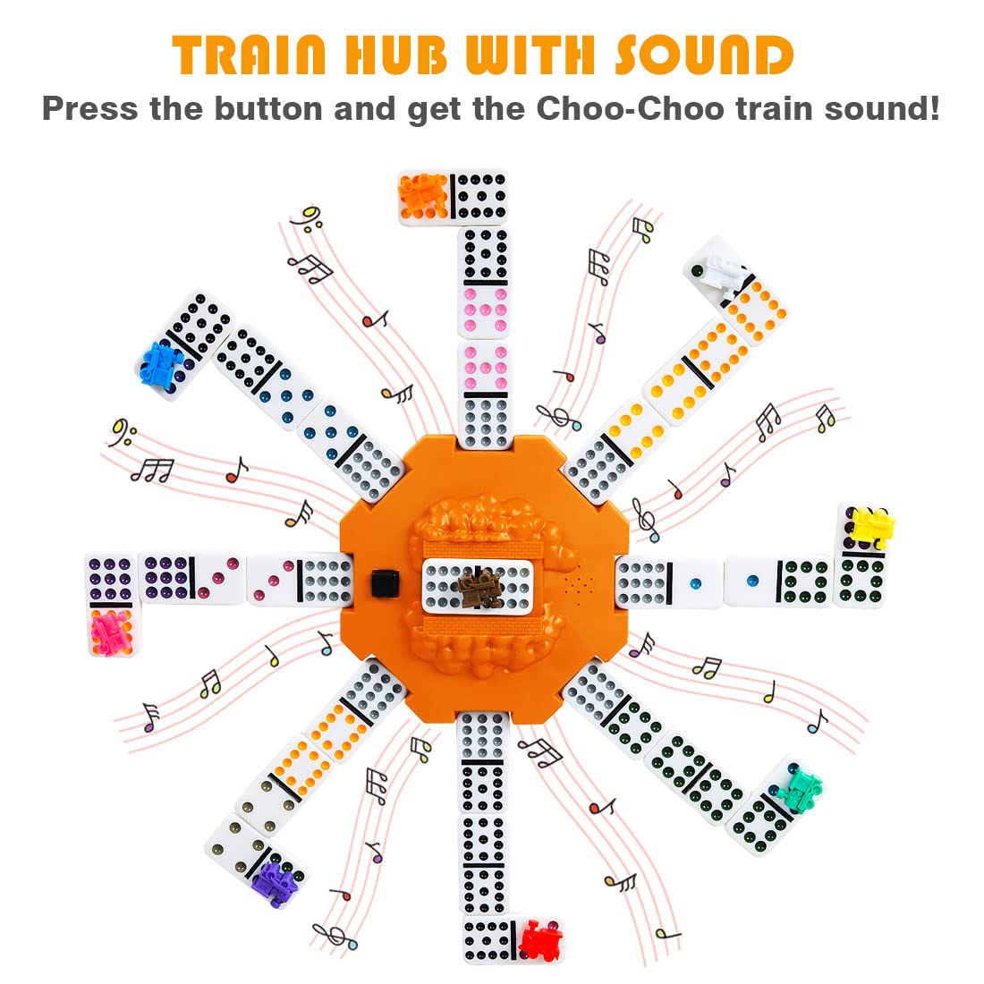 Yinlo Mexican Train Dominoes Set, Hub with Real Train Sound, Double 12 Colored Dot