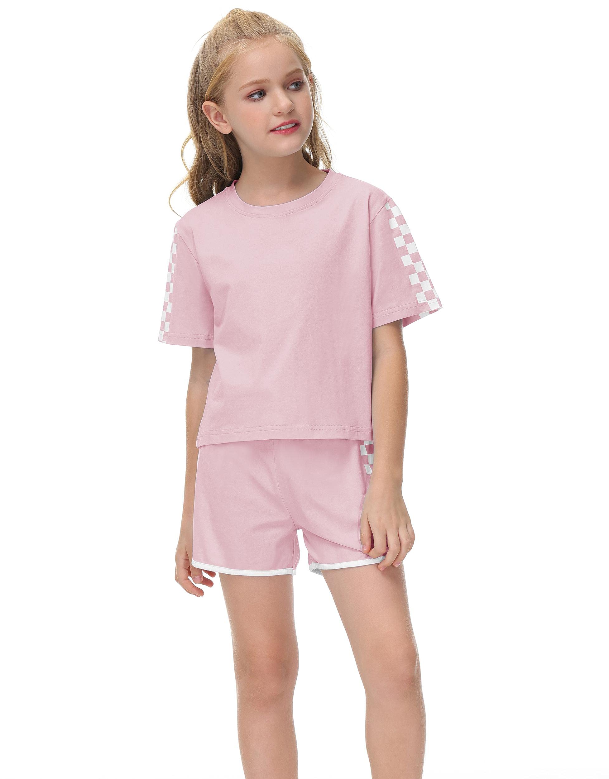 CNJFJ Cute Outfits For Girls 10-12 Years Old Plaid Shorts Sleeve Crop Tops And Shorts Sets