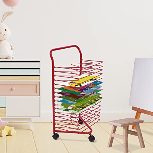 DNYSYSJ Art Drying Rack for Classroom, Paint Drying Rack Art 16 Shelves Metal Artwork Storage Display Rack with Wheels, 16.9x12.6x33.4in (Red)