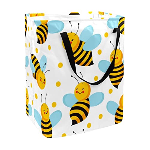 Flying Bee and Yellow Dots Print Collapsible Laundry Hamper, 60L Waterproof Laundry Baskets Washing Bin Clothes Toys Storage for Dorm Bathroom Bedroom