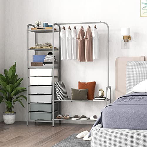 Giantex Free Standing Closet Organizer, Heavy Duty Garment Rack with 6 Removable Drawers, 3 Open Shelves, 2 Shoe Racks, 1 Hanging Rod & 1 Hook, Metal Clothing Rack for Bedroom & Cloakroom (Grey)
