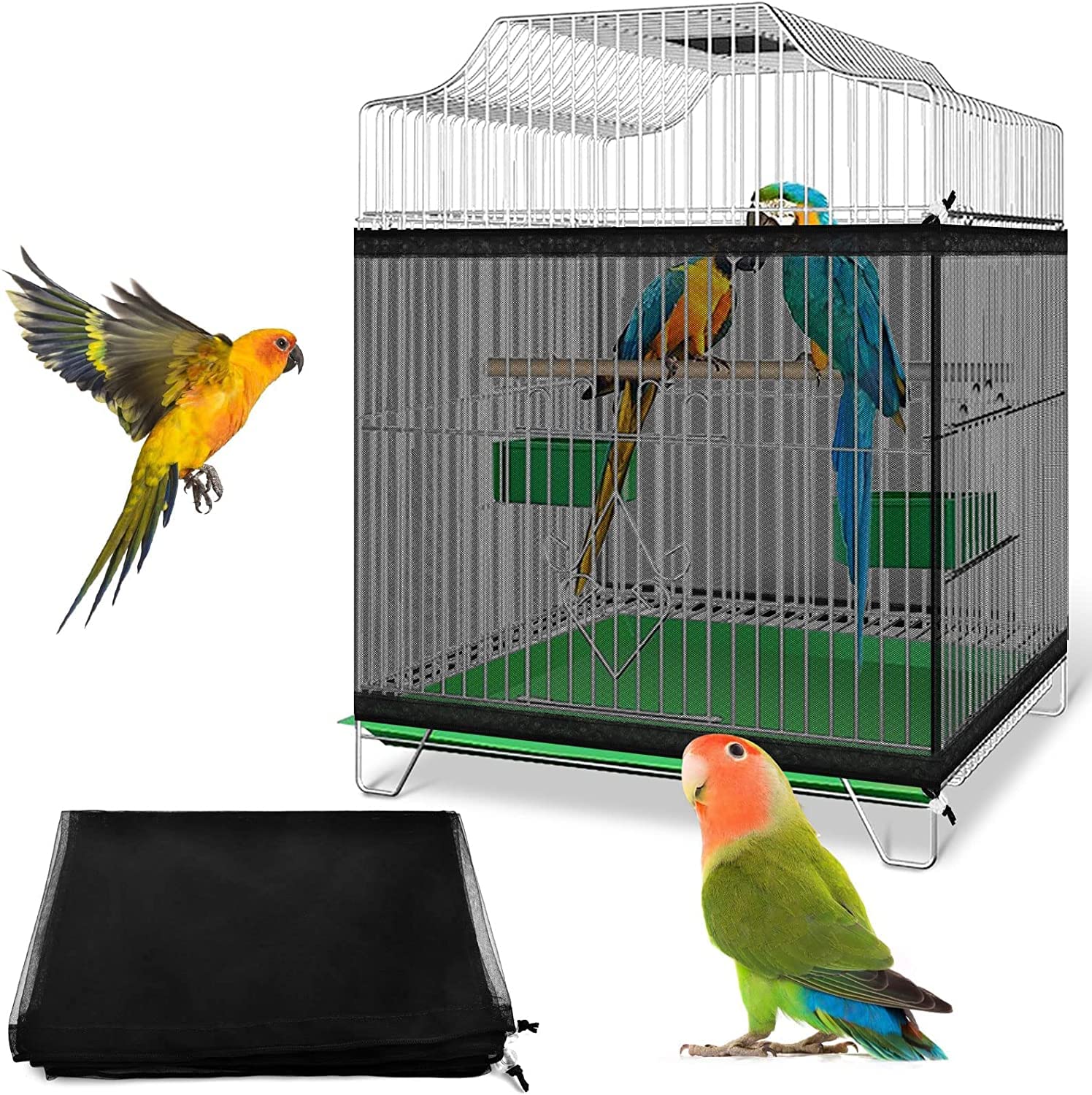 Bird Cage Seed Catcher,Seed Catcher Guard Net Cover,Parrot Nylon Mesh Net Cover,Prevent Scatter and Mess, Soft Airy Cage Net Stretchy Skirt for Round Square Cages(Circumference 40 inch to 72 inch)
