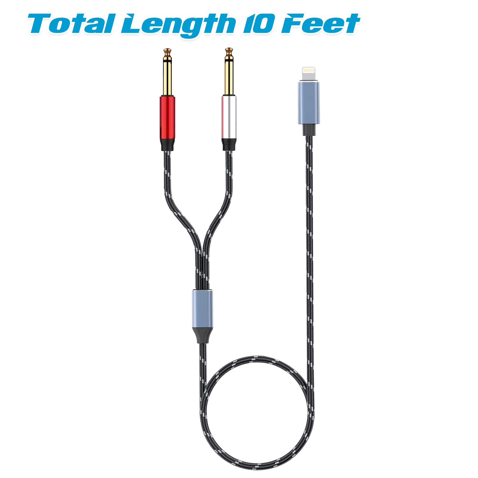 DCNETWORK Lightning to Dual 6.35mm 1/4" TS Mono Stereo Y-Cable Splitter to Dual 1/4 inch Audio Cable Compatible for iPhone12/11/X/XS/XR/8/7/iPad,Amplifier, Speaker, Headphone, Mixing Console 10FT