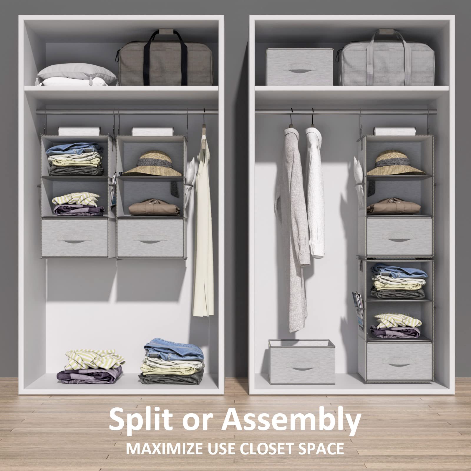 YOUDENOVA Hanging Closet Organizers and Storage, Two 3-Shelf Closet Hanging Shelves with Drawers, Canvas, Beige