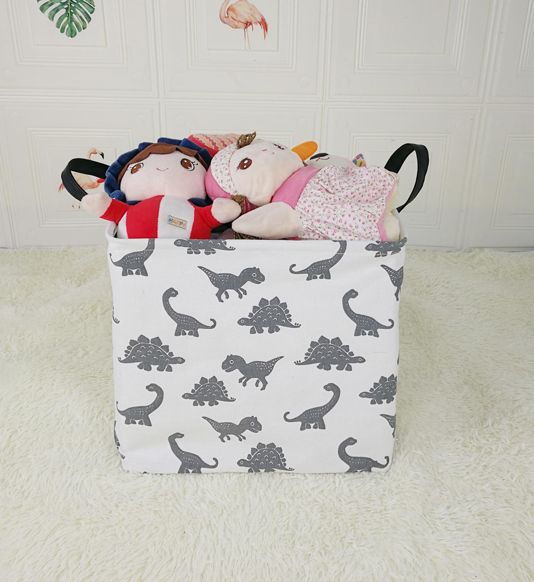 HUAYEE Squrage Storage Bin Canvas Fabric Storage Basket, Waterproof Coating Toy Organizer with Handles, Gift Basket for Home, Office, Clothes, Toy, Shelf Basket (Square Gray Dinosaur)