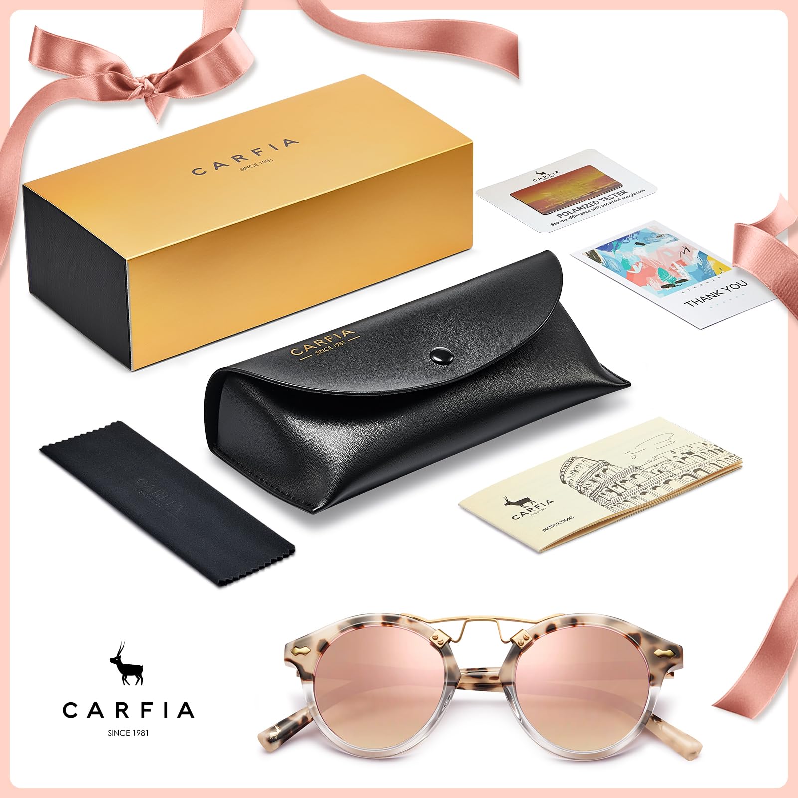 CARFIA Double Bridge Small Pink Mirrored Acetate Sunglasses for Women Polarized, Retro Metal Brow Lady Sunnies Round Eyewears