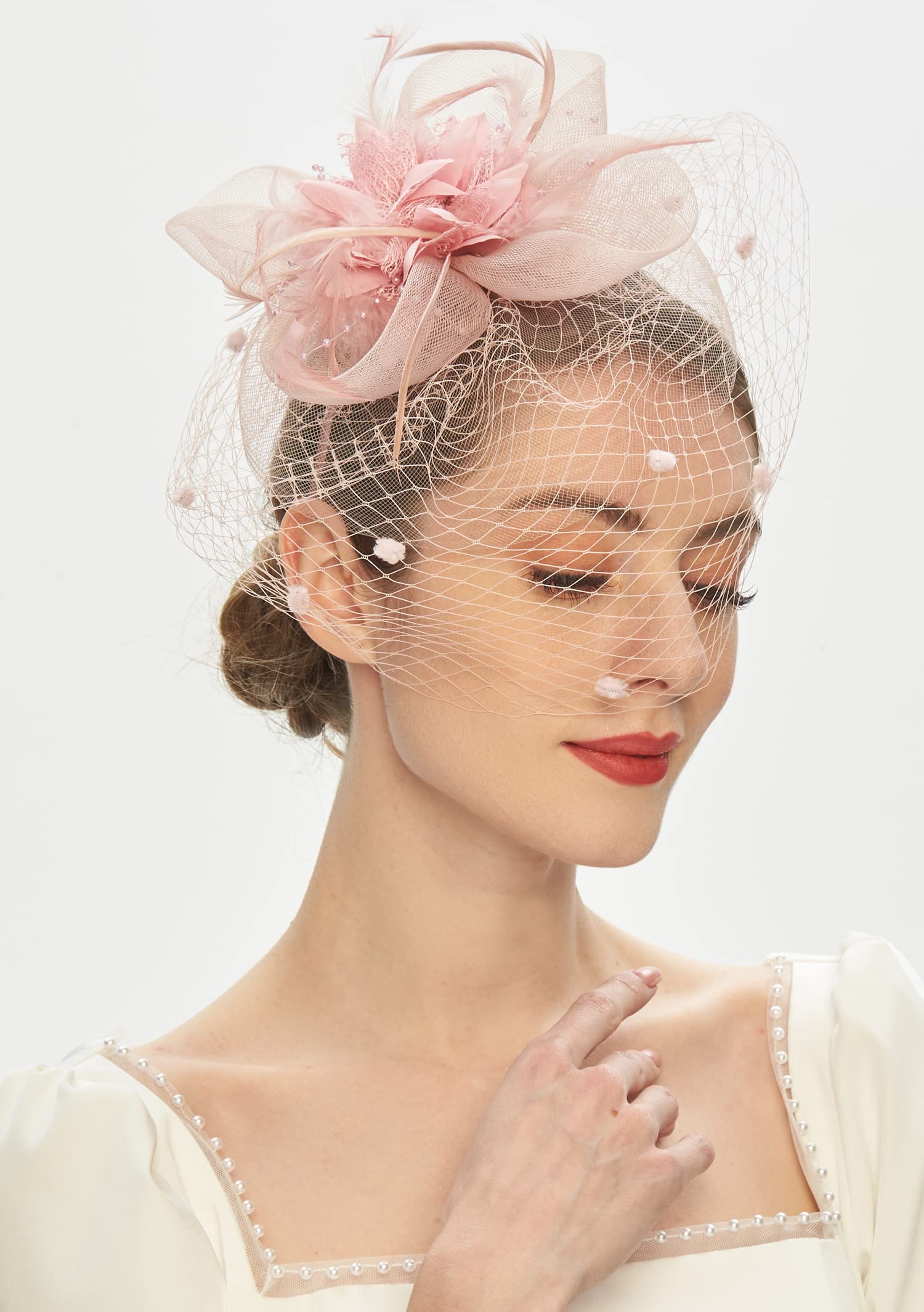 Cizoe Fascinator Hats for Women Tea Party Headband Kentucky Derby Wedding Flower Mesh Veil Fascinator (A-blush pink)