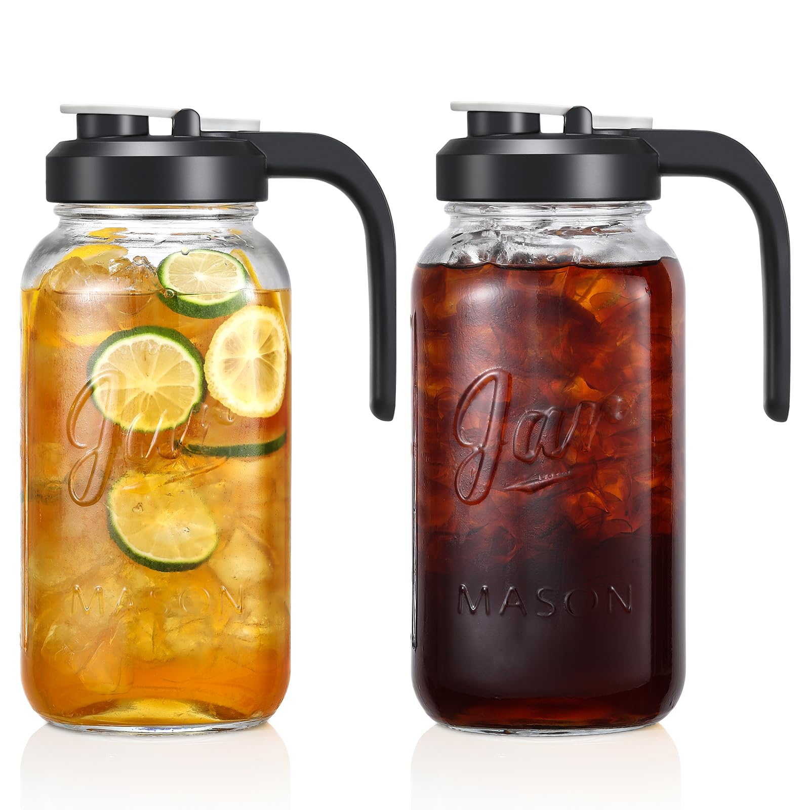 Glass Pitcher with Lid - 2 Quart Mason Jar Pitcher with Filter Lid, Wide Mouth Jar Leak-proof Water Jug, Heavy Duty Container for Water, Juice, Milk, Tea, Iced Coffee, and Drinks - Set of 2