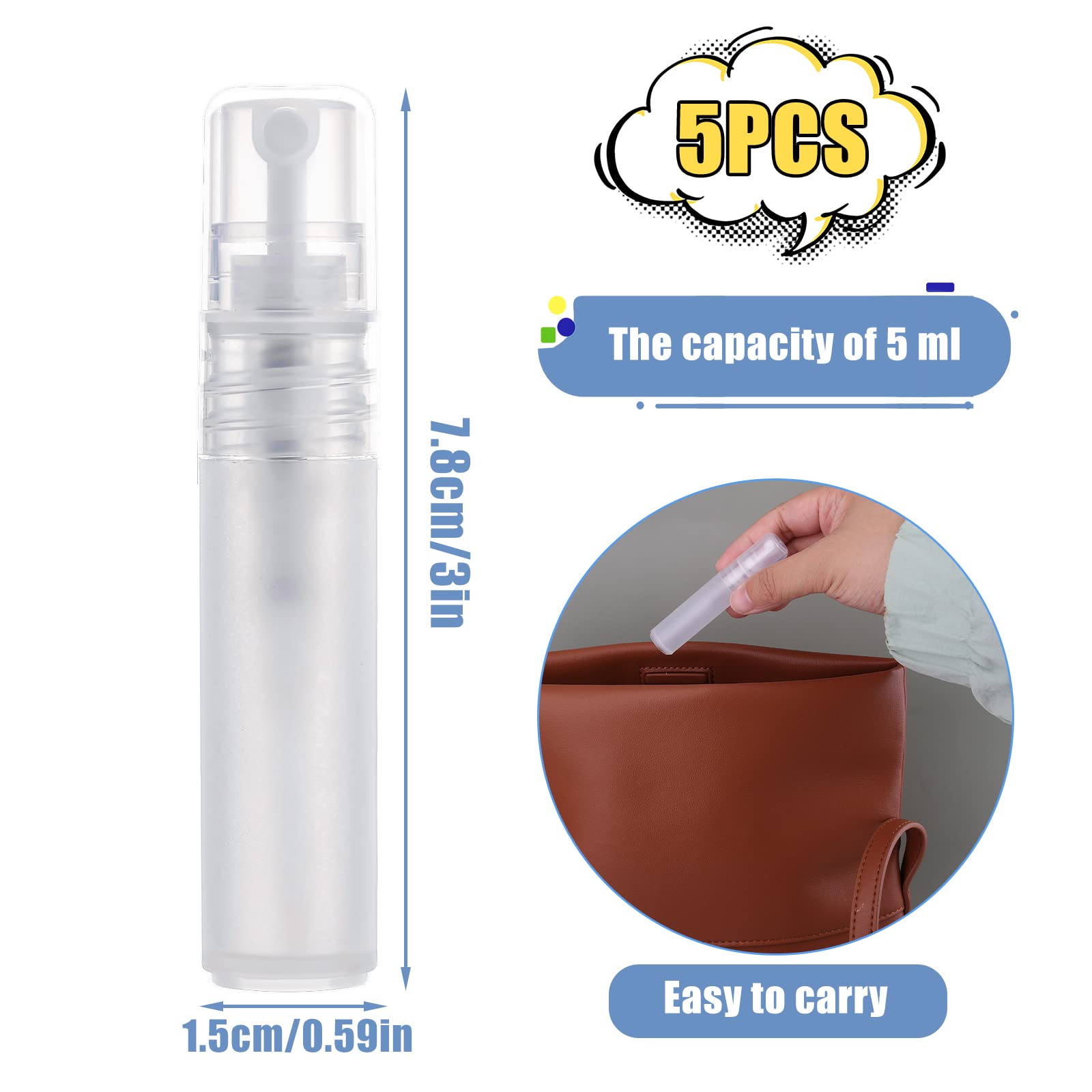 KINBOM 5pcs Perfume Atomizers Refillable, Plastic Spray Bottles for Travel Mister Empty Spritzer Bottles for Hair Face Plants (5ml)