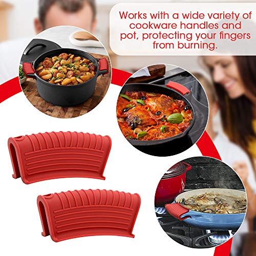 OMGREI Silicone Assist Hot Pan Handle Holder Hot Skillet Handle Covers Pot Holder Sleeve Cast Iron Skillets Nonslip Heat Resistant for Enameled Griddles Casserole Frying Pans Cookware(4PACK) (Red)