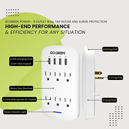 GoGreen Power (GG-16000USB4) 6 Outlet 2.4 AMP USB Wall Tap Adapter with USB Ports and Surge Protection, 735 Joules Surge Rating, White